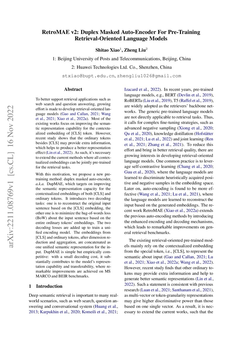 Retromae V2 Duplex Masked Auto Encoder For Pre Training Retrieval Oriented Language Models Deepai