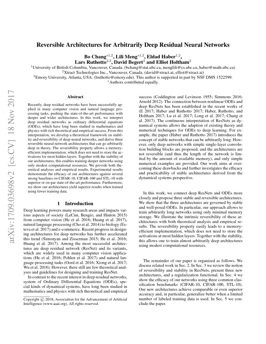 Reversible Architectures For Arbitrarily Deep Residual Neural Networks Deepai