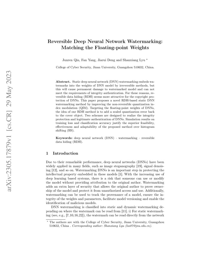 Reversible Deep Neural Network Watermarkingmatching The Floating Point Weights Deepai 