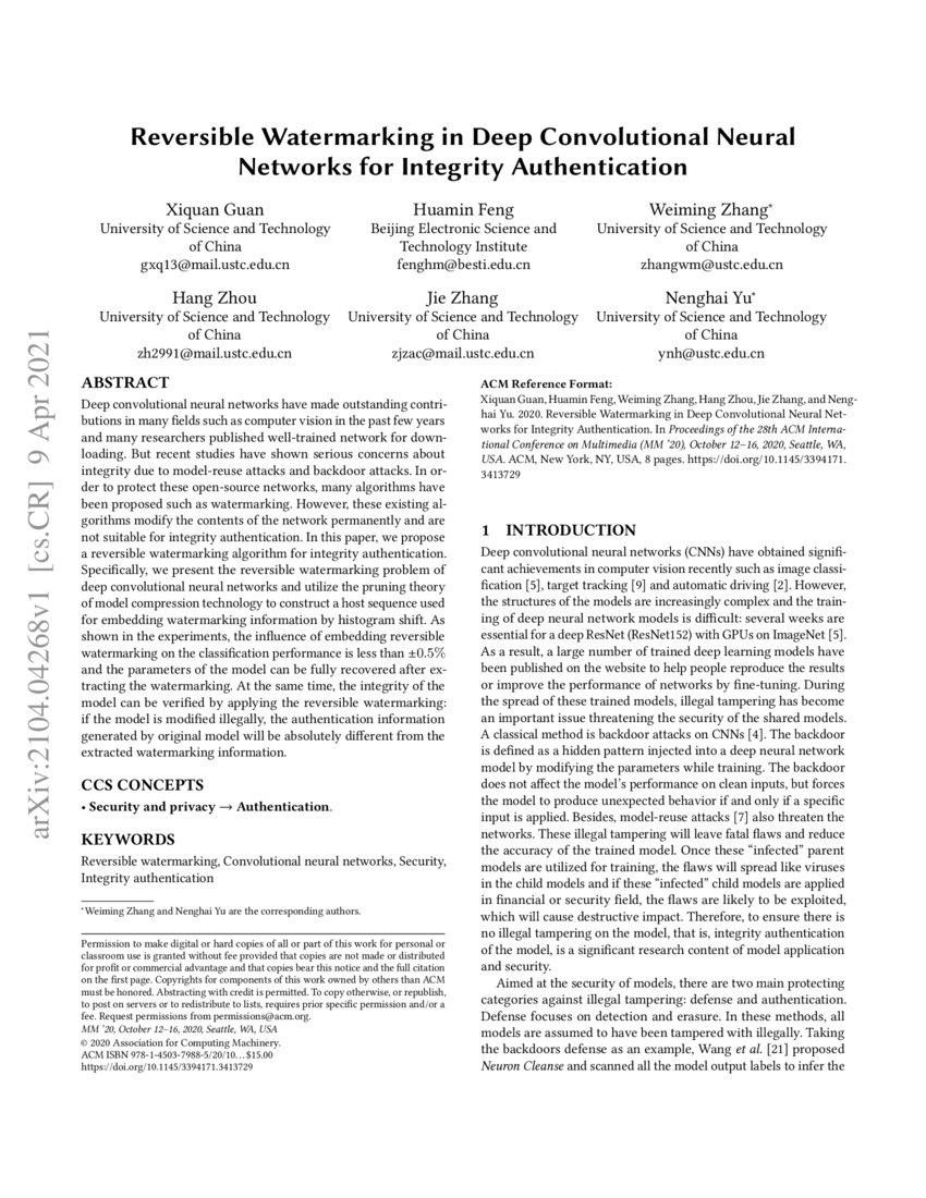 Reversible Watermarking In Deep Convolutional Neural Networks For Integrity Authentication Deepai