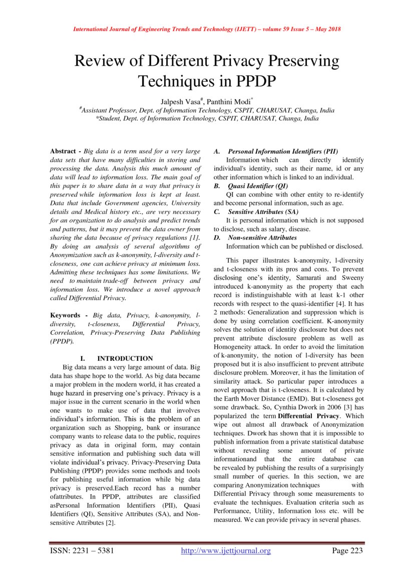 Review of Different Privacy Preserving Techniques in PPDP | DeepAI