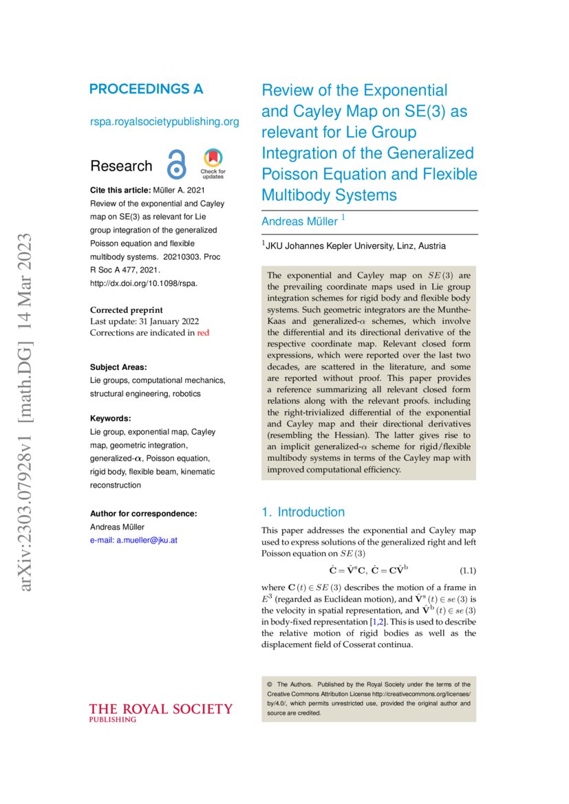 Review of the Exponential and Cayley Map on SE(3) as relevant for Lie Group Integration of the ...