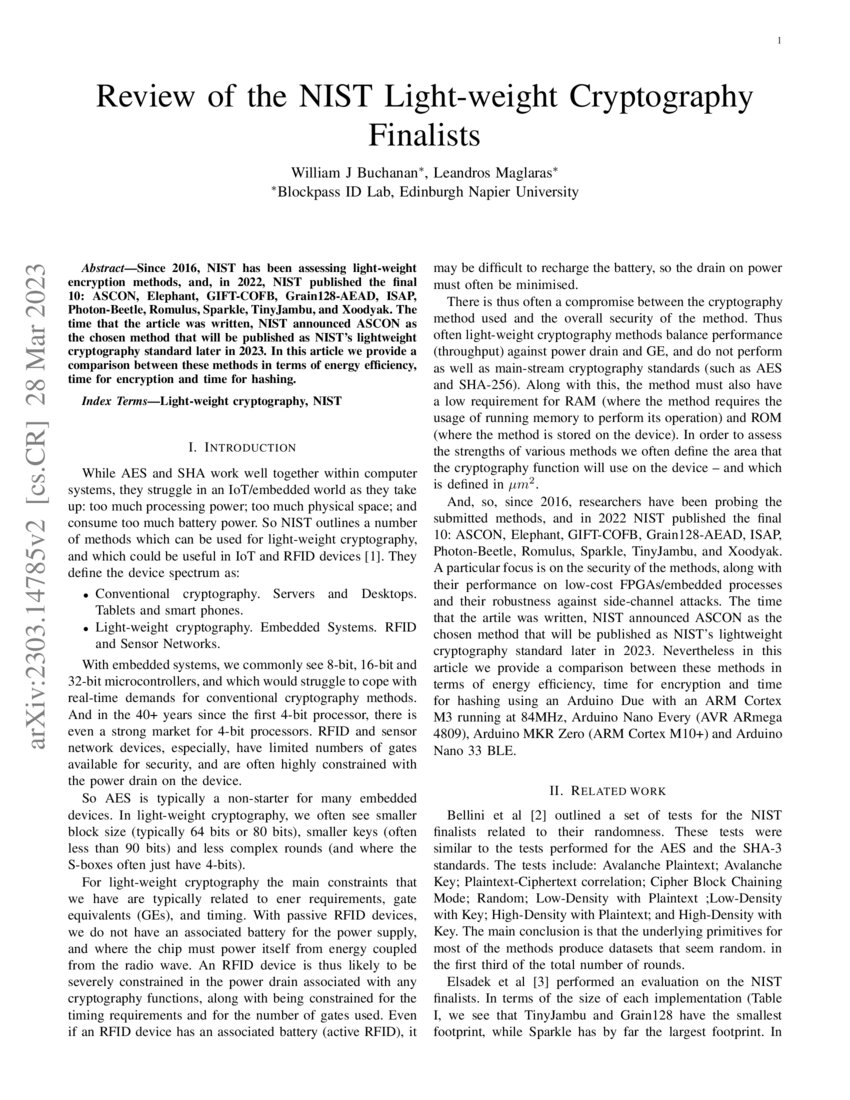 Review of the NIST Light-weight Cryptography Finalists | DeepAI