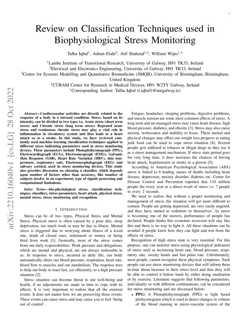 Review on Classification Techniques used in Biophysiological Stress ...