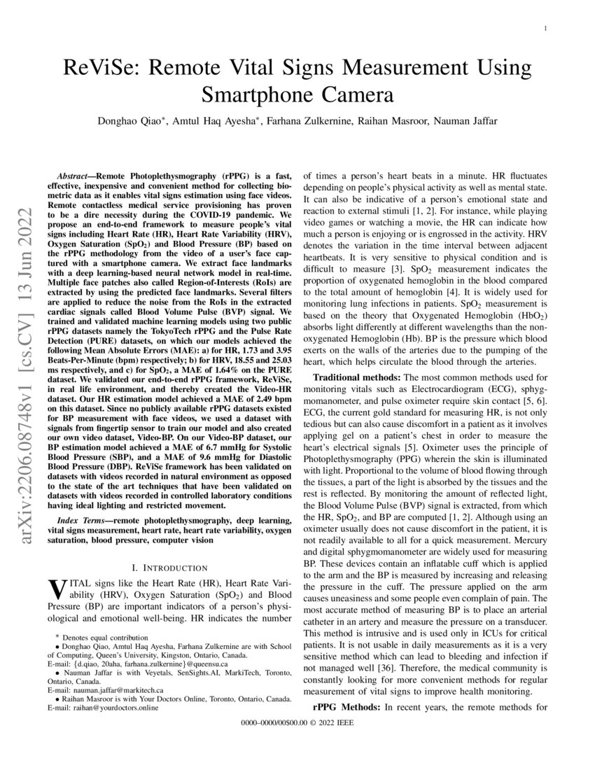 ReViSe: Remote Vital Signs Measurement Using Smartphone Camera | DeepAI