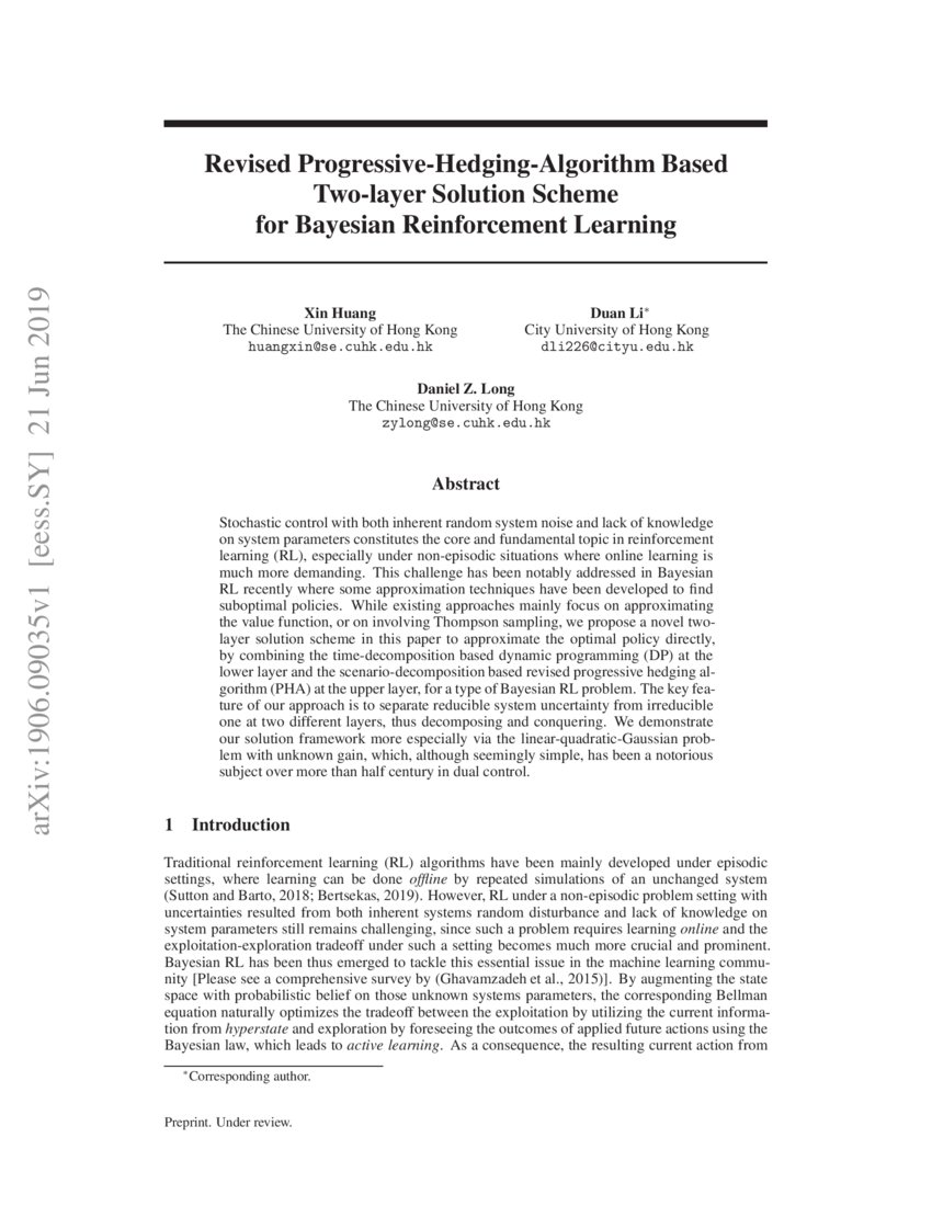 Revised Progressive-Hedging-Algorithm Based Two-layer Solution Scheme for Bayesian Reinforcement ...