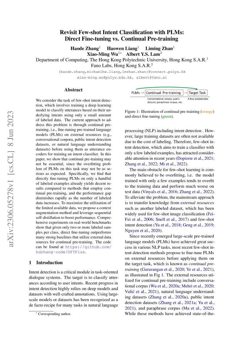 Revisit Few-shot Intent Classification with PLMs: Direct Fine-tuning vs. Continual Pre-training ...