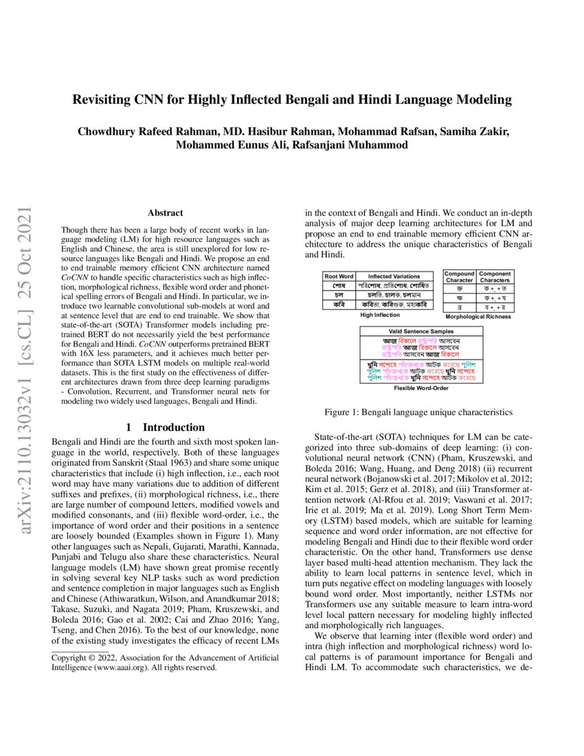 Paradigm Shift in Language Modeling: Revisiting CNN for Modeling Sanskrit Originated Bengali and ...