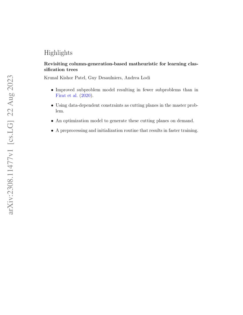 Revisiting Column Generation Based Matheuristic For Learning Classification Trees Deepai 