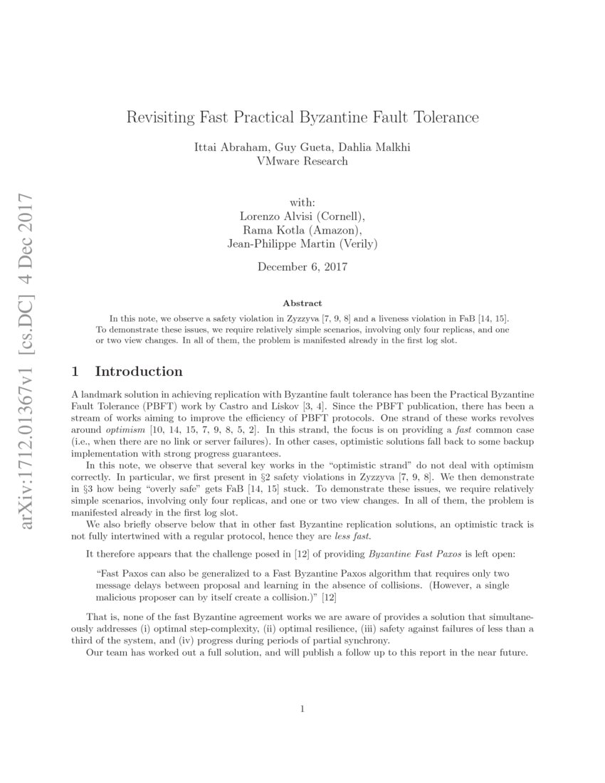 Revisiting Fast Practical Byzantine Fault Tolerance | DeepAI Revisiting Fast Practical Byzantine Fault Tolerance | DeepAI