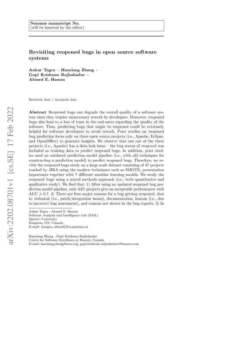 Revisiting reopened bugs in open source software systems | DeepAI