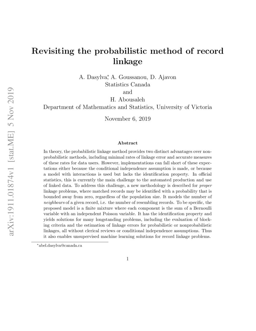 Revisiting the probabilistic method of record linkage | DeepAI