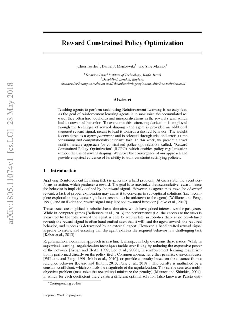 Reward Constrained Policy Optimization | DeepAI Reward Constrained Policy Optimization | DeepAI