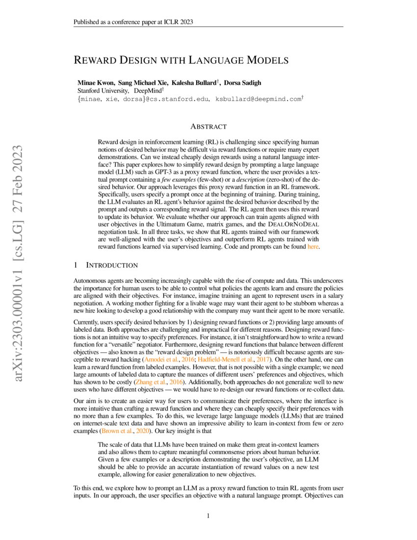 Reward Design with Language Models | DeepAI