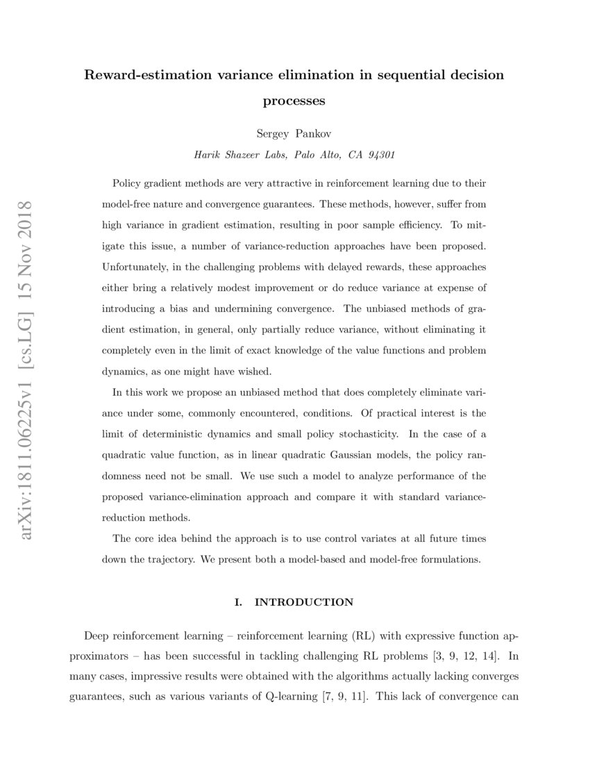 Reward Estimation Variance Elimination In Sequential Decision Processes Deepai