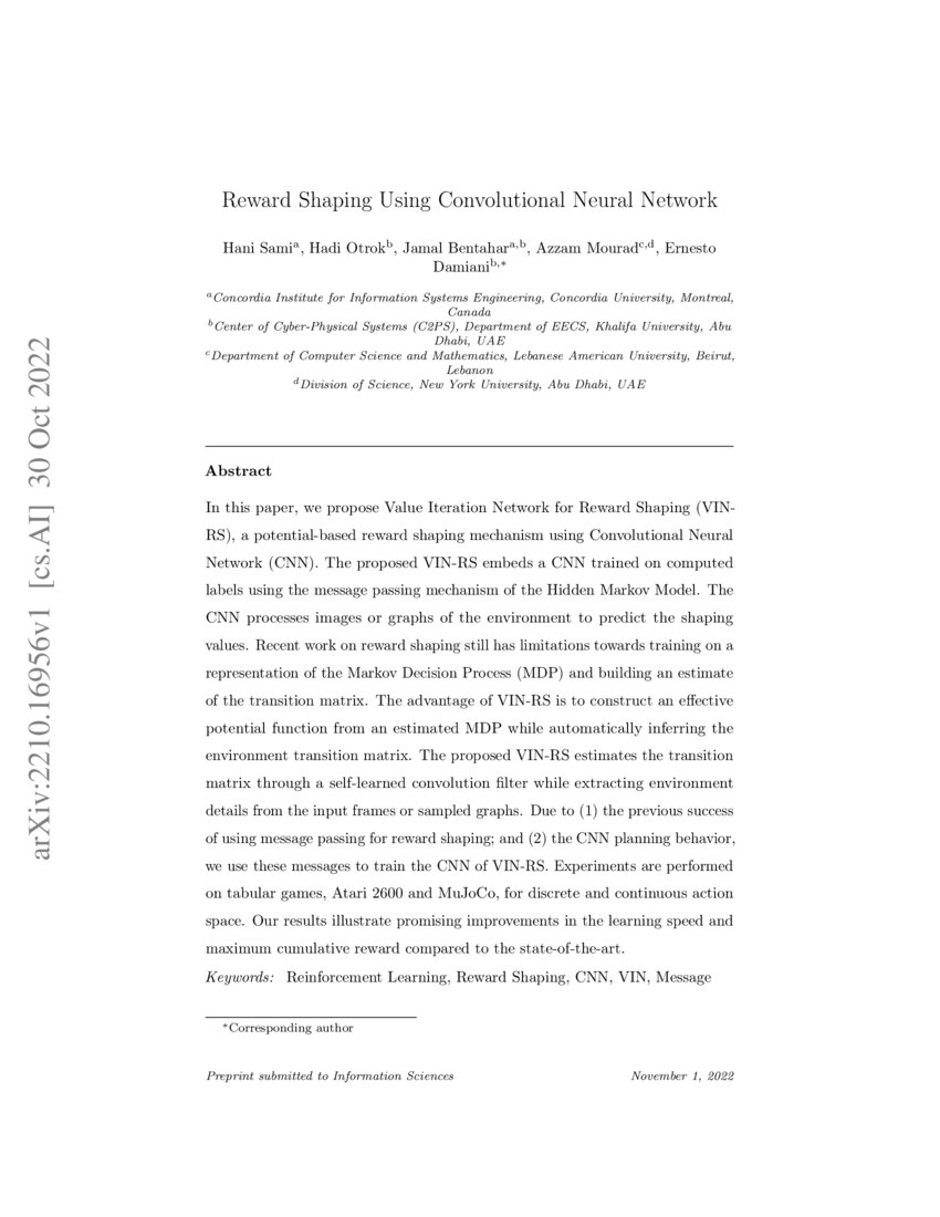 Reward Shaping Using Convolutional Neural Network | DeepAI
