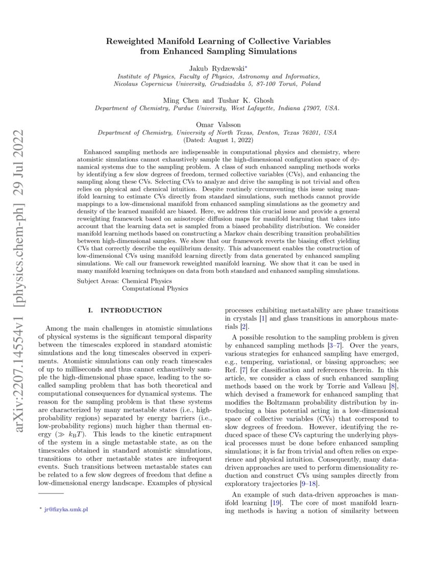 Reweighted Manifold Learning Of Collective Variables From Enhanced Sampling Simulations Deepai
