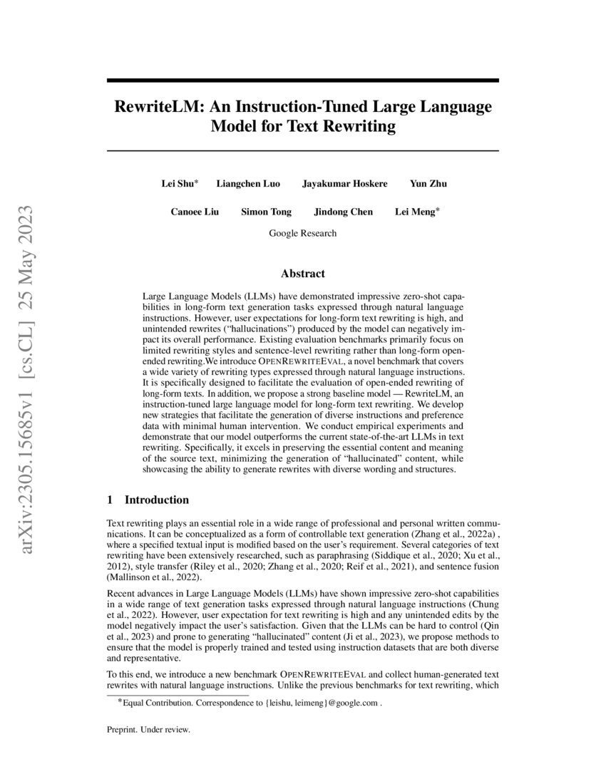 Rewritelm An Instruction Tuned Large Language Model For Text Rewriting