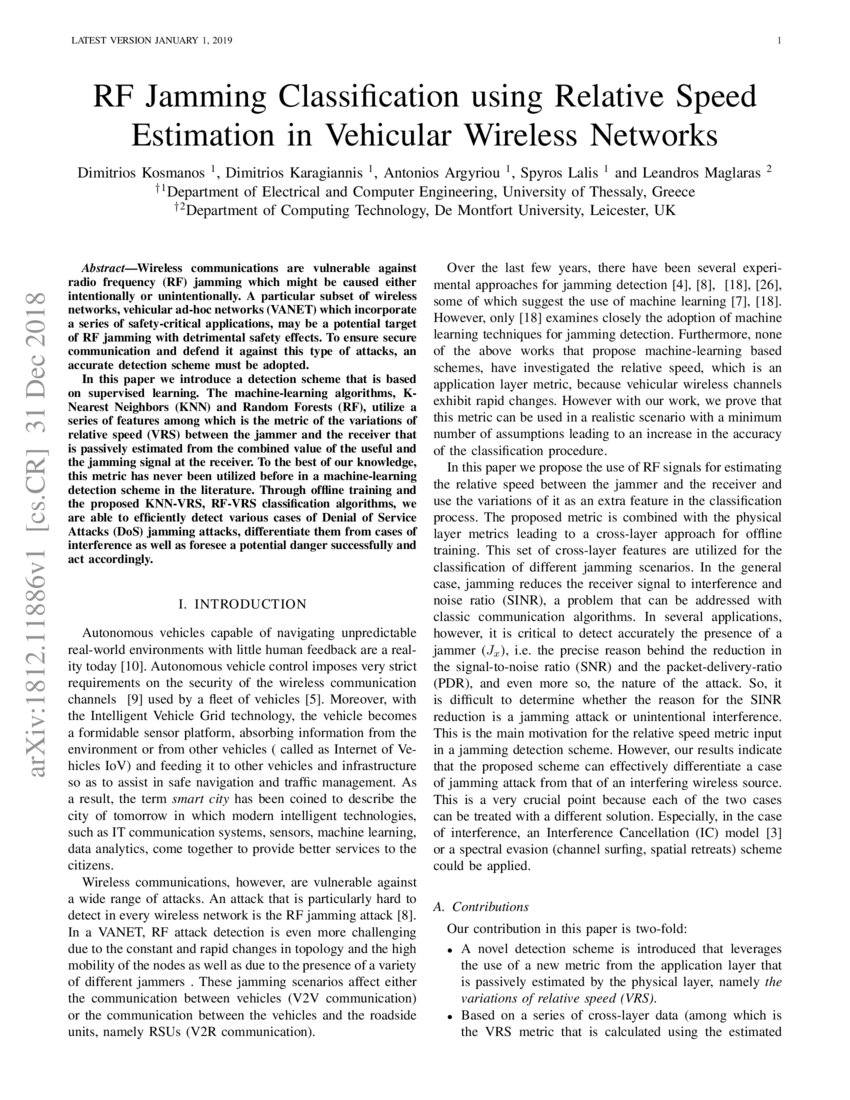 Rf Jamming Classification Using Relative Speed Estimation In Vehicular