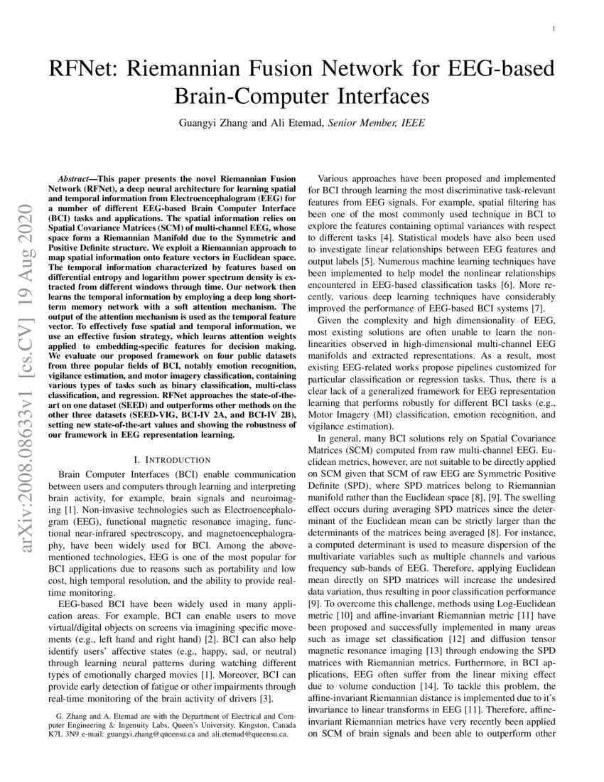 RFNet: Riemannian Fusion Network for EEG-based Brain-Computer Interfaces | DeepAI