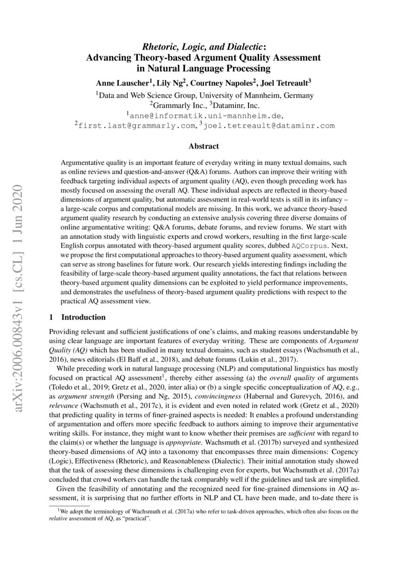 Rhetoric, Logic, and Dialectic: Advancing Theory-based Argument Quality ...