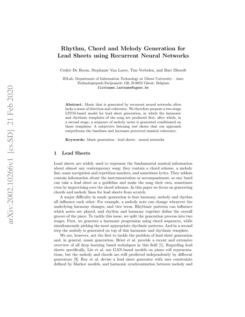 Rhythm, Chord and Melody Generation for Lead Sheets using Recurrent Neural Networks | DeepAI