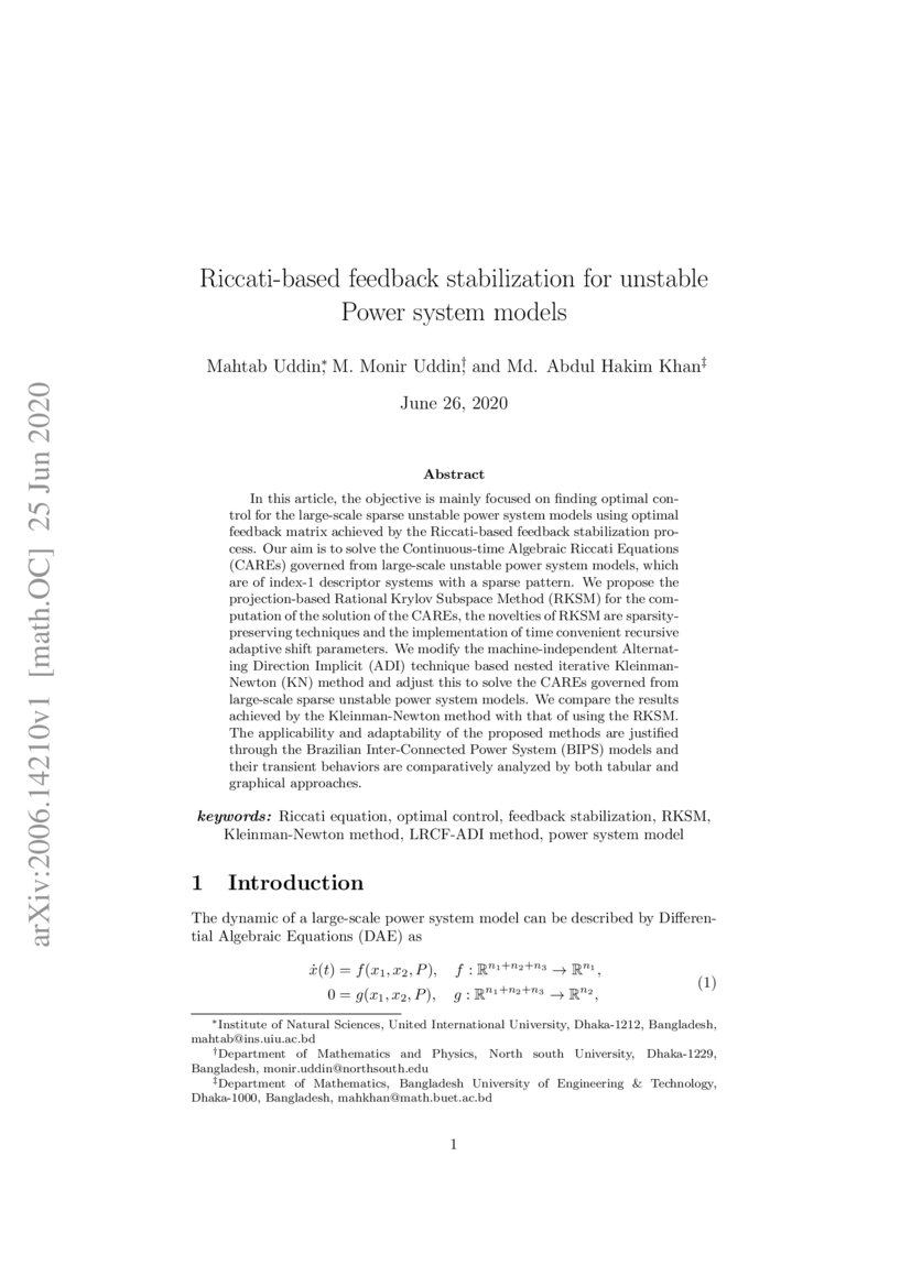 Riccati-based feedback stabilization for unstable Power system models | DeepAI