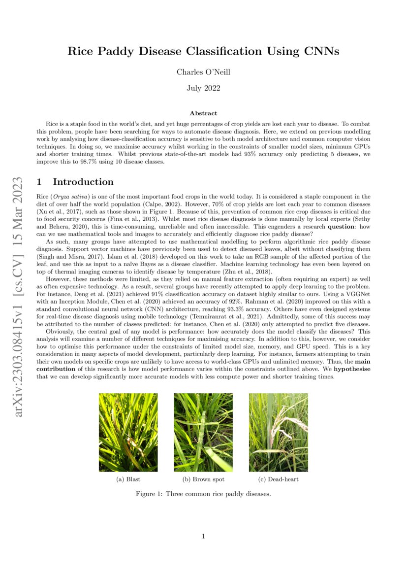 Rice paddy disease classifications using CNNs | DeepAI