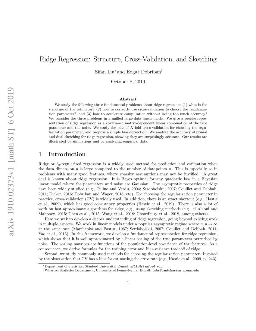 Ridge Regression: Structure, Cross-Validation, and Sketching | DeepAI