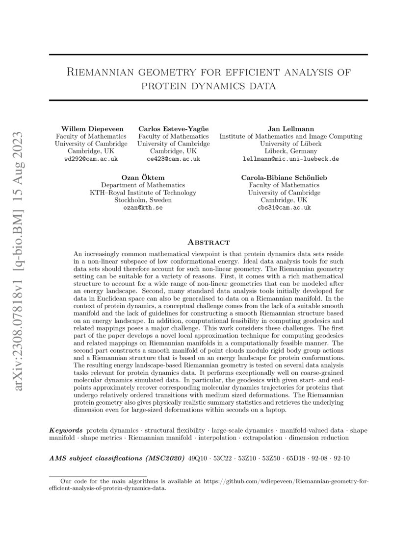 Riemannian geometry for efficient analysis of protein dynamics data | DeepAI