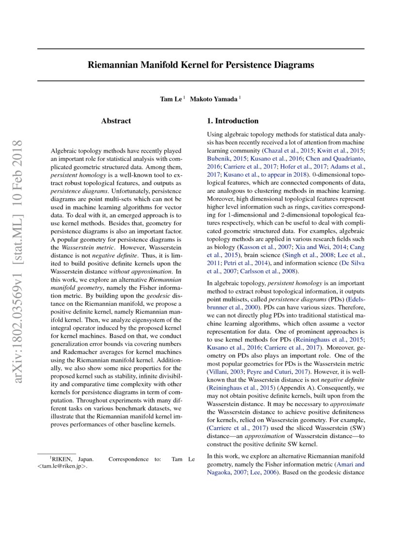 Riemannian Manifold Kernel for Persistence Diagrams | DeepAI
