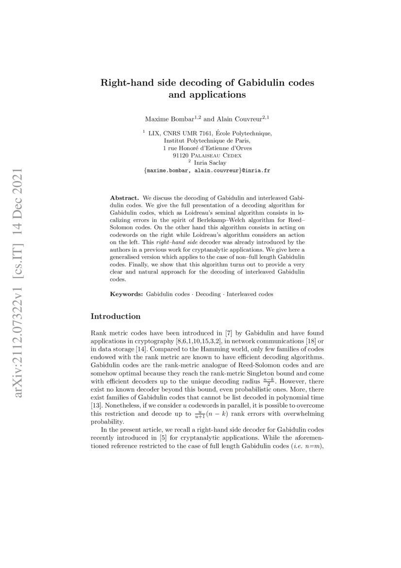 Right-hand side decoding of Gabidulin code and applications | DeepAI