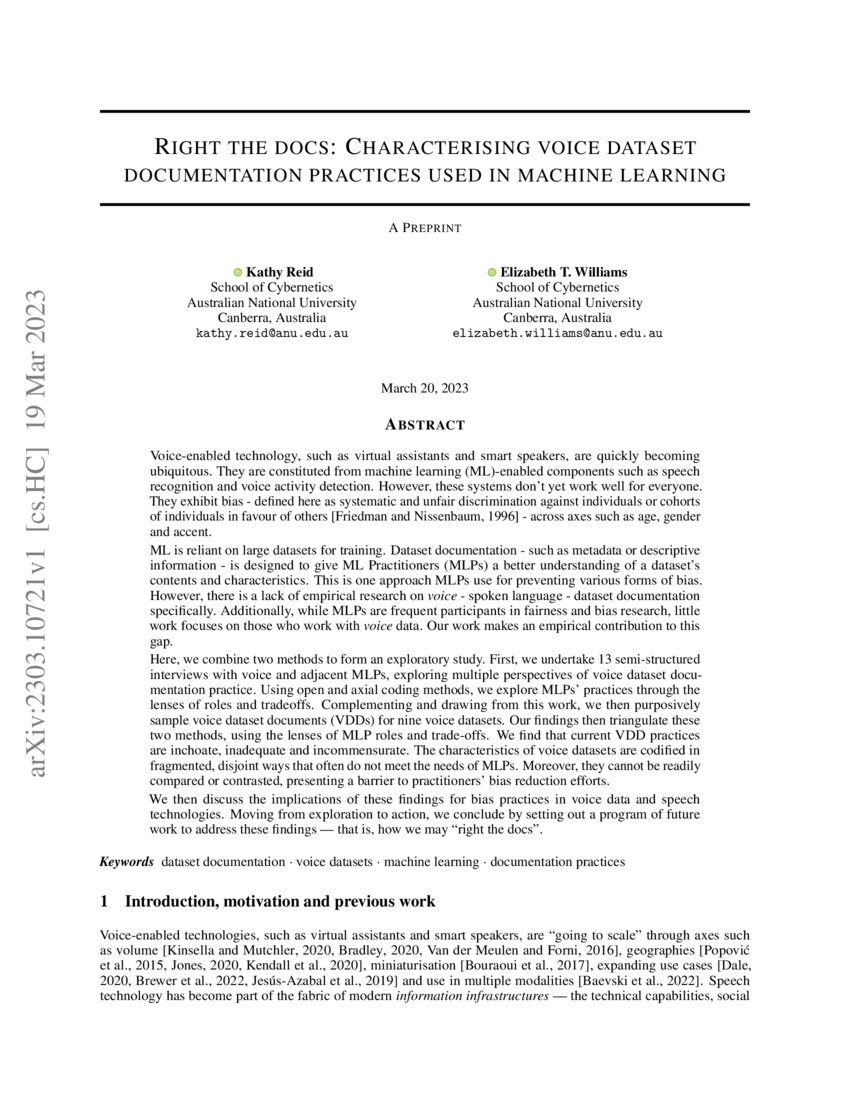 Right the docs: Characterising voice dataset documentation practices ...