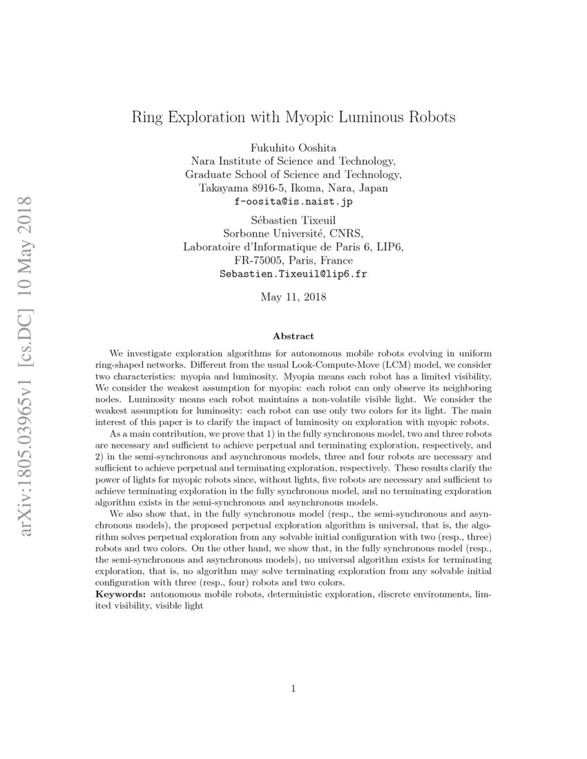 Ring Exploration with Myopic Luminous Robots | DeepAI