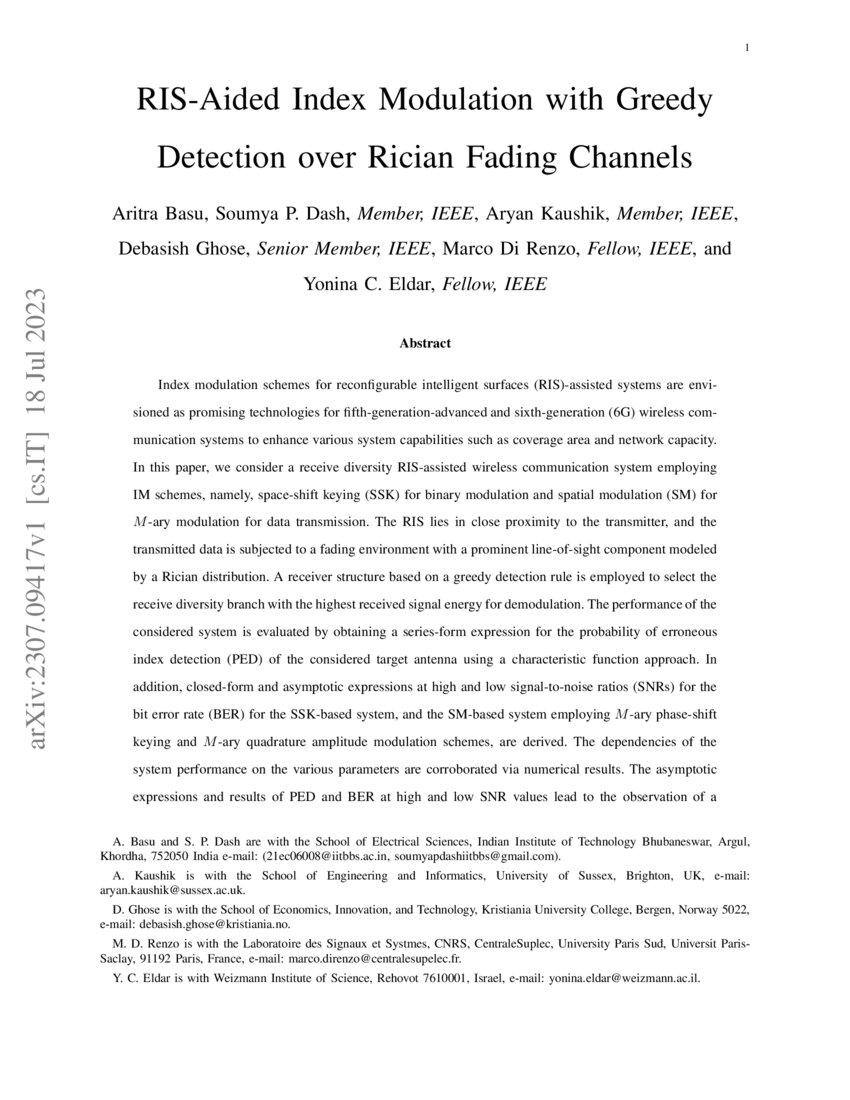 RIS-Aided Index Modulation with Greedy Detection over Rician Fading Channels | DeepAI