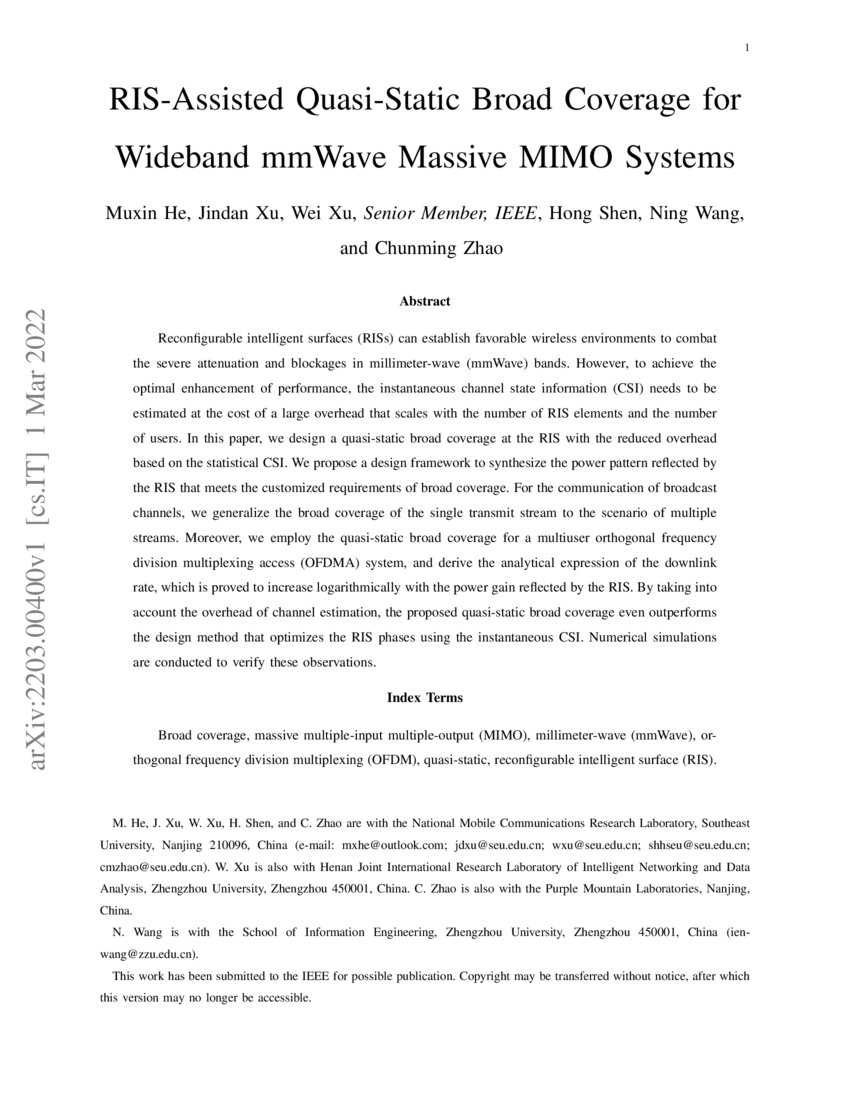 RIS-Assisted Quasi-Static Broad Coverage for Wideband mmWave Massive ... RIS-Assisted Quasi-Static Broad Coverage for Wideband mmWave Massive ...
