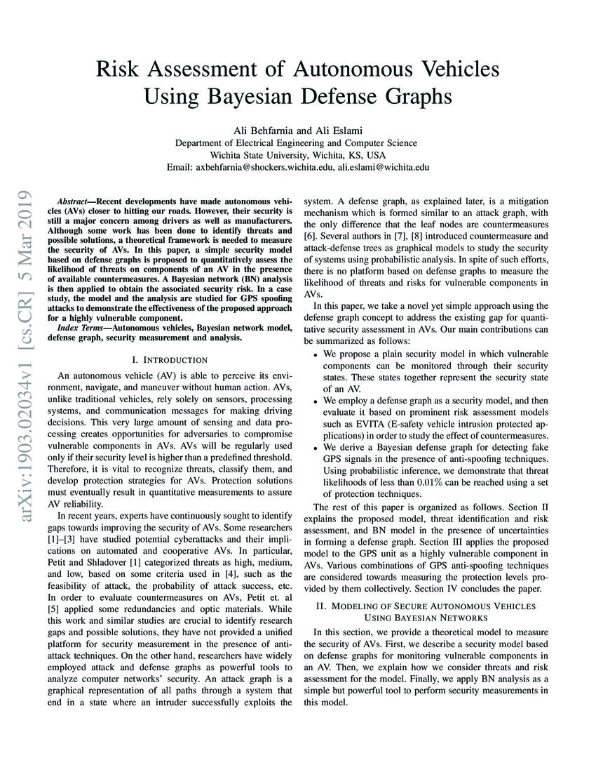 Risk Assessment of Autonomous Vehicles Using Bayesian Defense Graphs ...