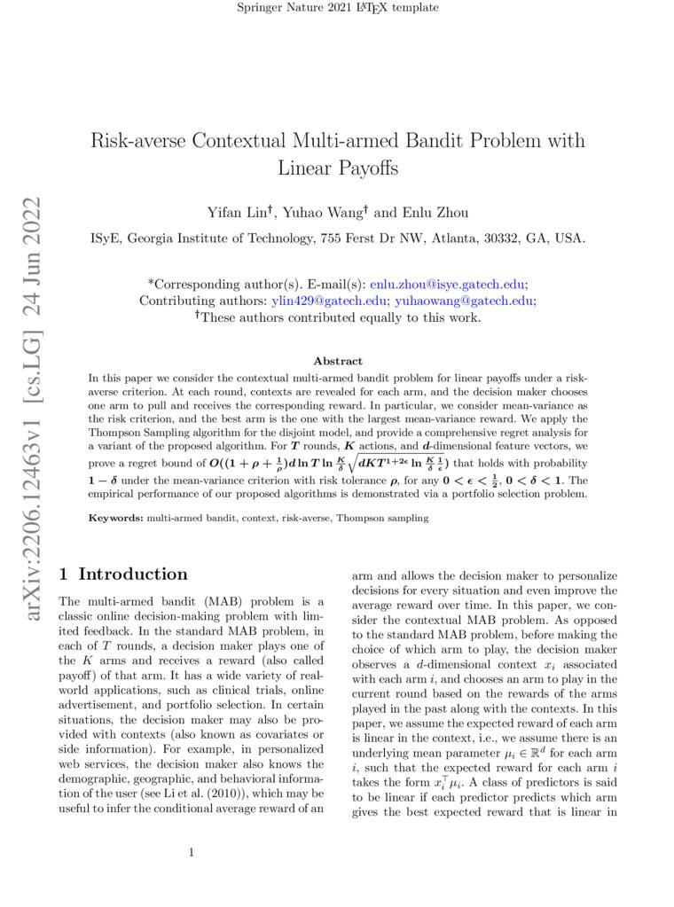 Risk-averse Contextual Multi-armed Bandit Problem with Linear Payoffs | DeepAI
