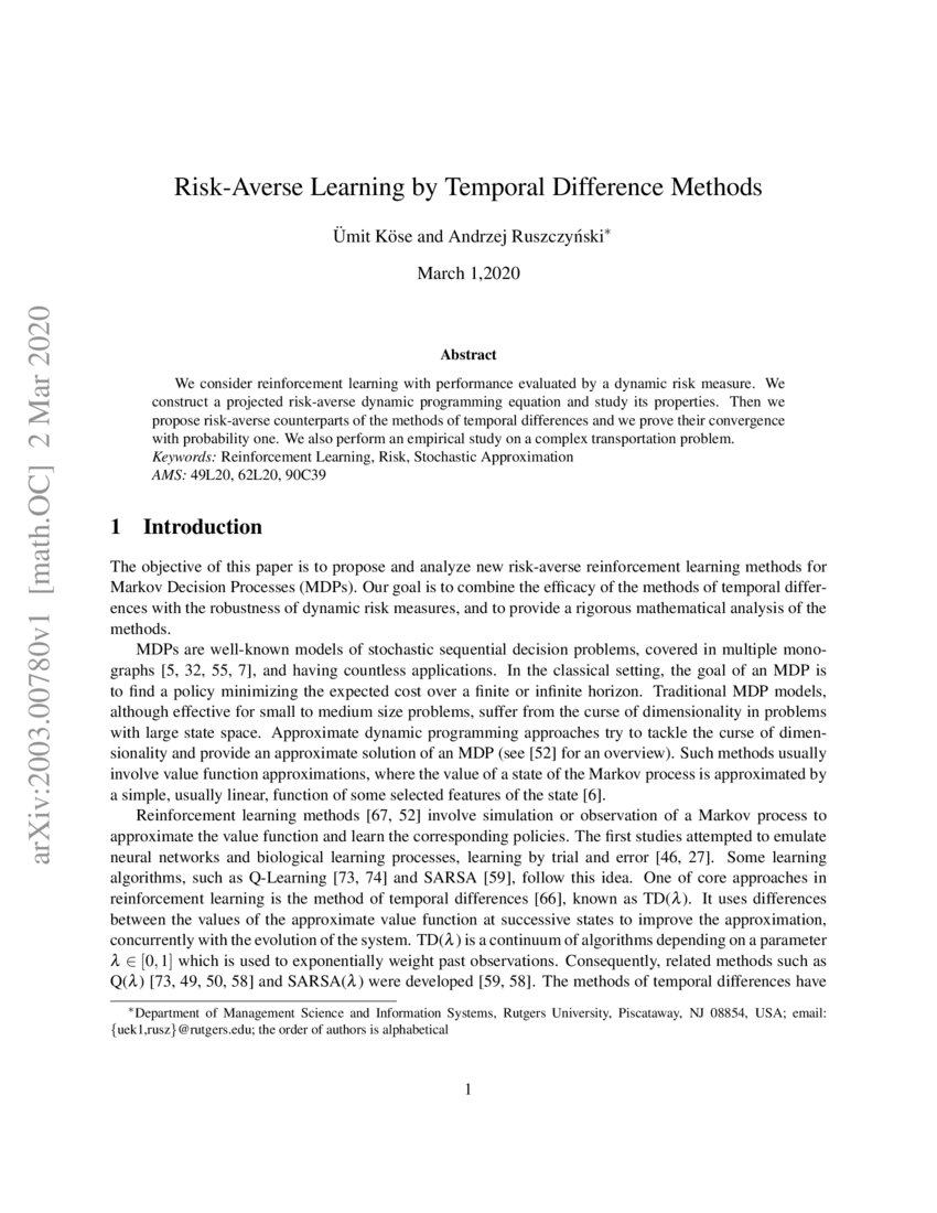 Risk-Averse Learning by Temporal Difference Methods | DeepAI