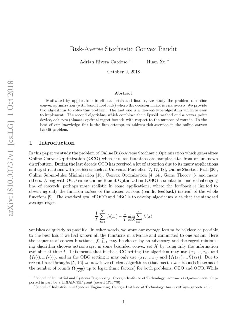 Risk-Averse Stochastic Convex Bandit | DeepAI