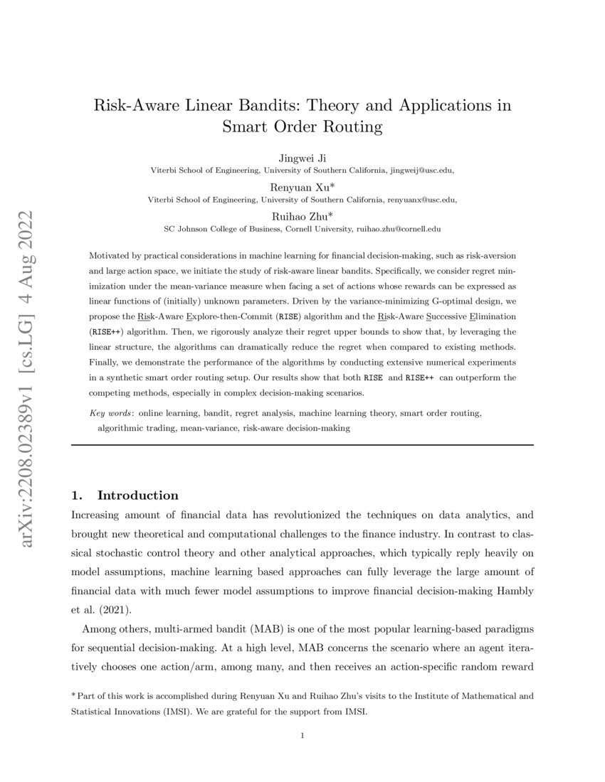 Risk Aware Linear Bandits Theory And Applications In Smart Order Routing Deepai