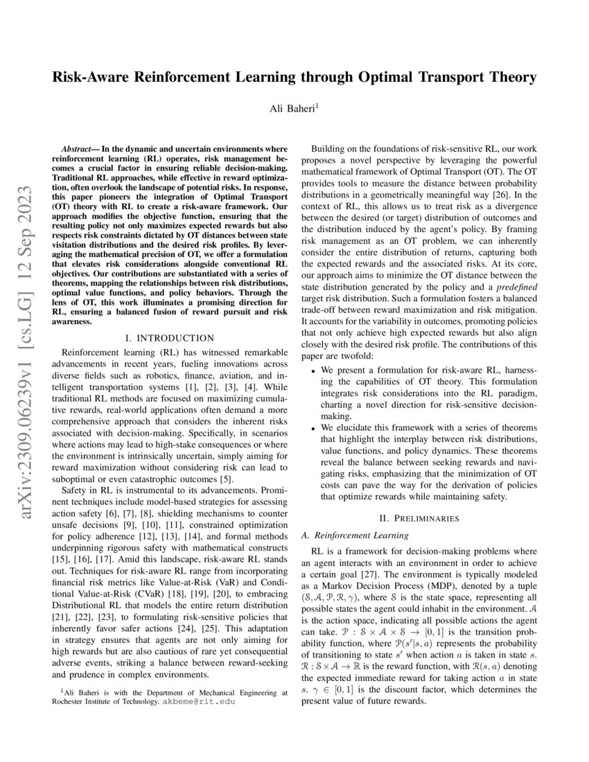 Risk-Aware Reinforcement Learning through Optimal Transport Theory | DeepAI Risk-Aware Reinforcement Learning through Optimal Transport Theory | DeepAI