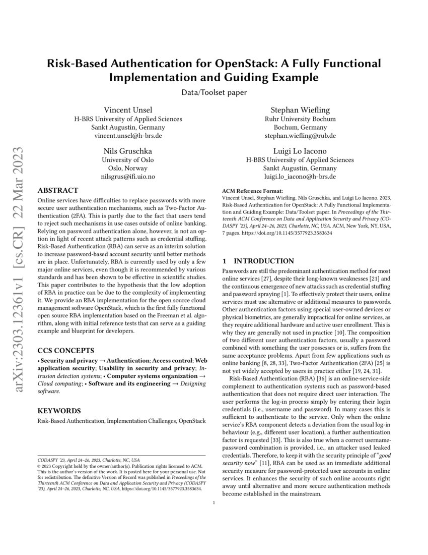 Risk Based Authentication For Openstack A Fully Functional Implementation And Guiding Example