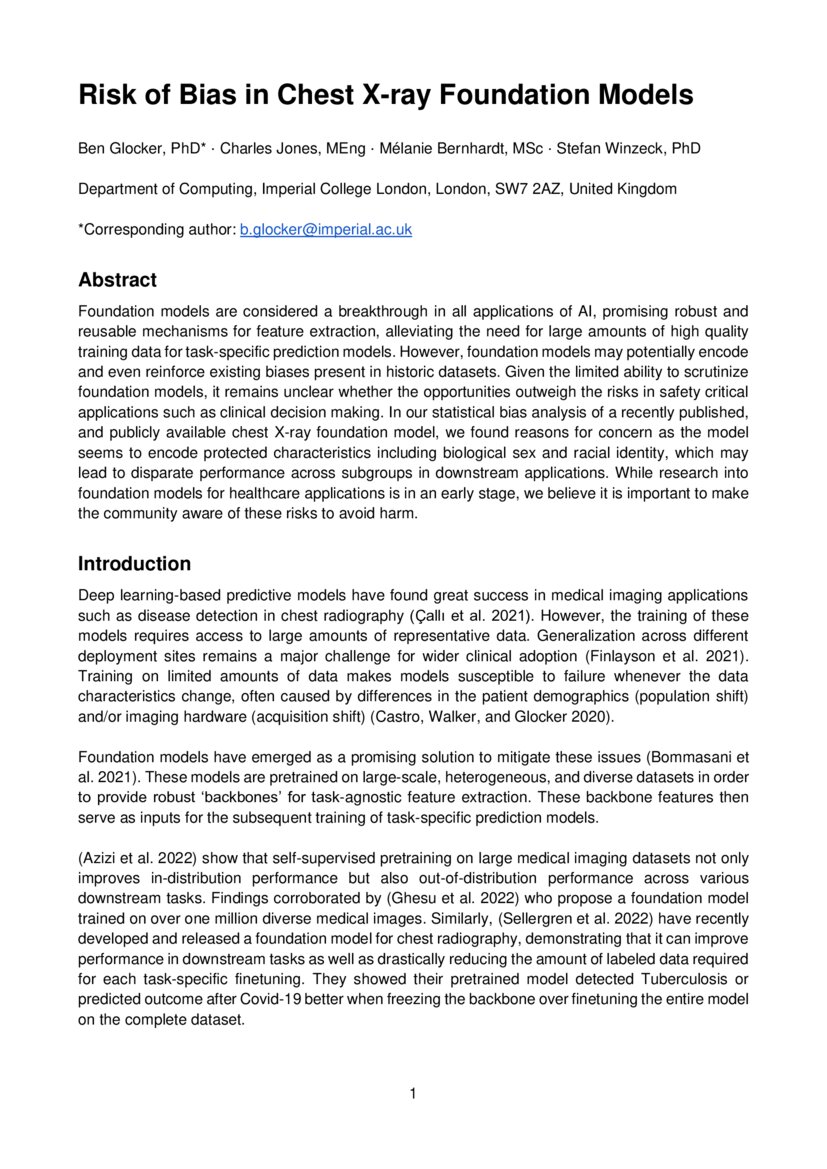 Risk of Bias in Chest X-ray Foundation Models | DeepAI