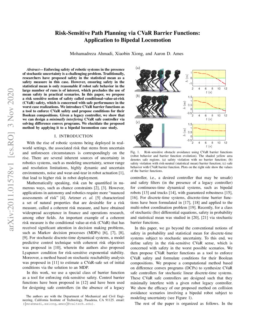 Risk Sensitive Path Planning Via Cvar Barrier Functions Application To Bipedal Locomotion Deepai