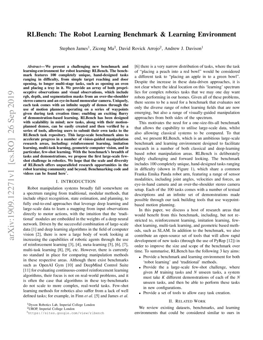 RLBench: The Robot Learning Benchmark Learning Environment | DeepAI