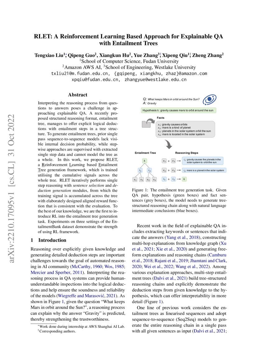 Rlet A Reinforcement Learning Based Approach For Explainable Qa With Entailment Trees Deepai