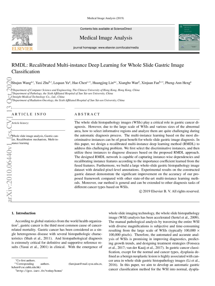 Rmdl Recalibrated Multi Instance Deep Learning For Whole Slide Gastric Image Classification