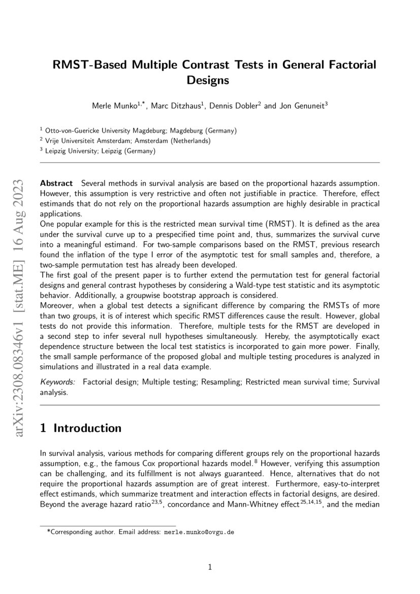 RMST-based multiple contrast tests in general factorial designs | DeepAI