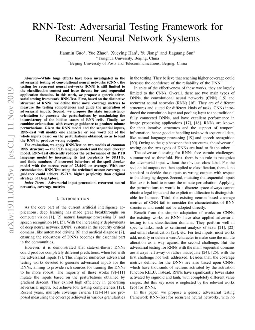 Rnn Test Adversarial Testing Framework For Recurrent Neural Network Systems Deepai 